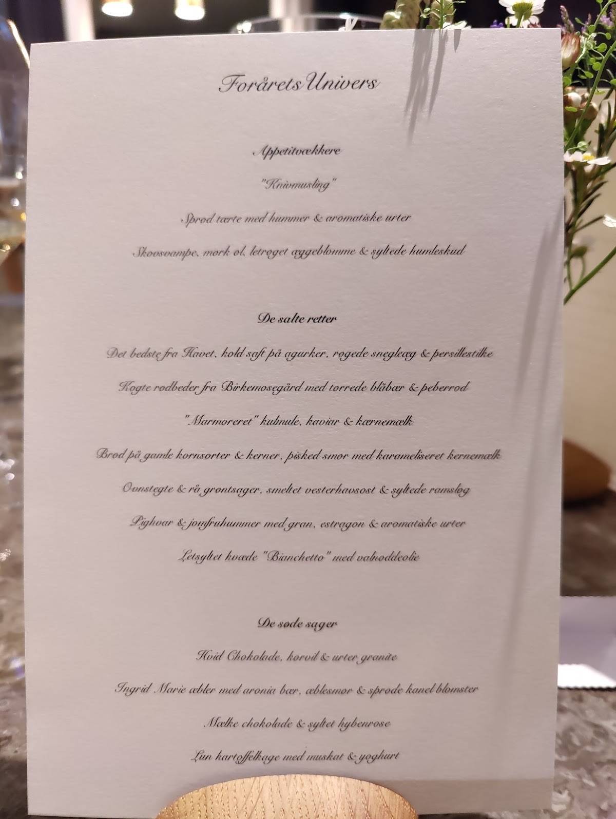 Menu at Geranium restaurant, Copenhagen