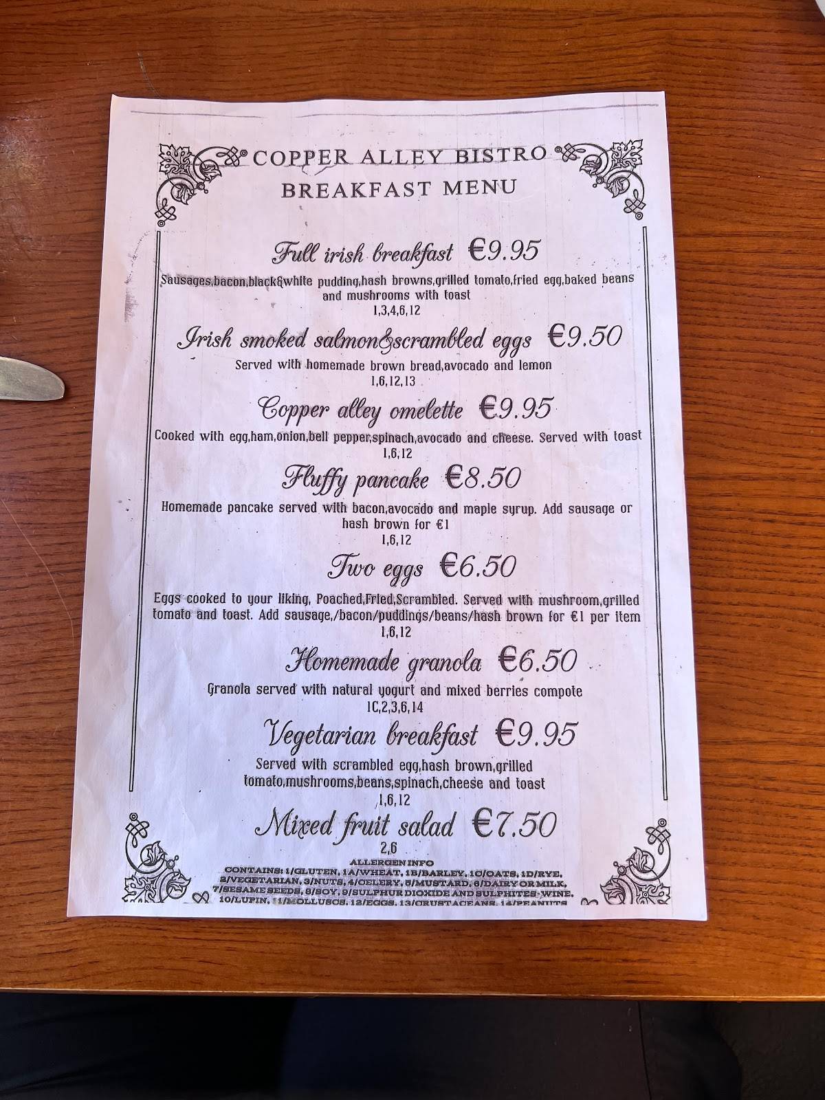 Menu at Copper Alley Bistro restaurant, Dublin