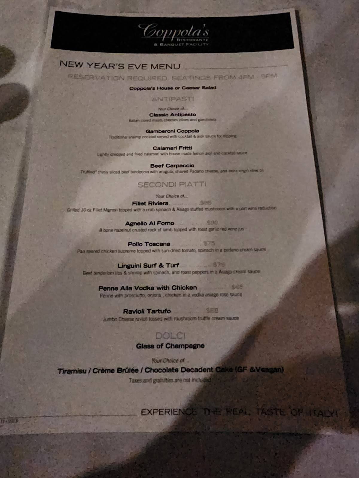 Menu at Coppola's Ristorante & Banquet Facility pizzeria, St. Catharines