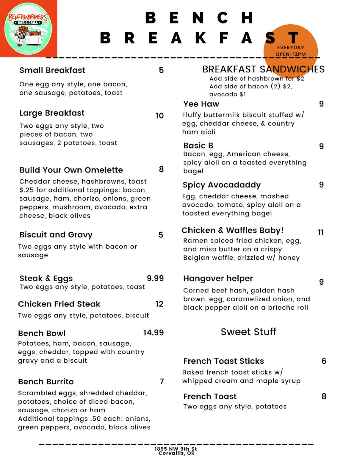 Menu at Benchwarmer's Bar & Grill, Corvallis