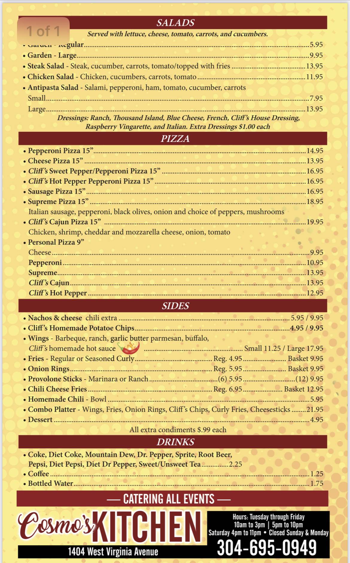 Menu at Cosmo’s Kitchen restaurant, Clarksburg