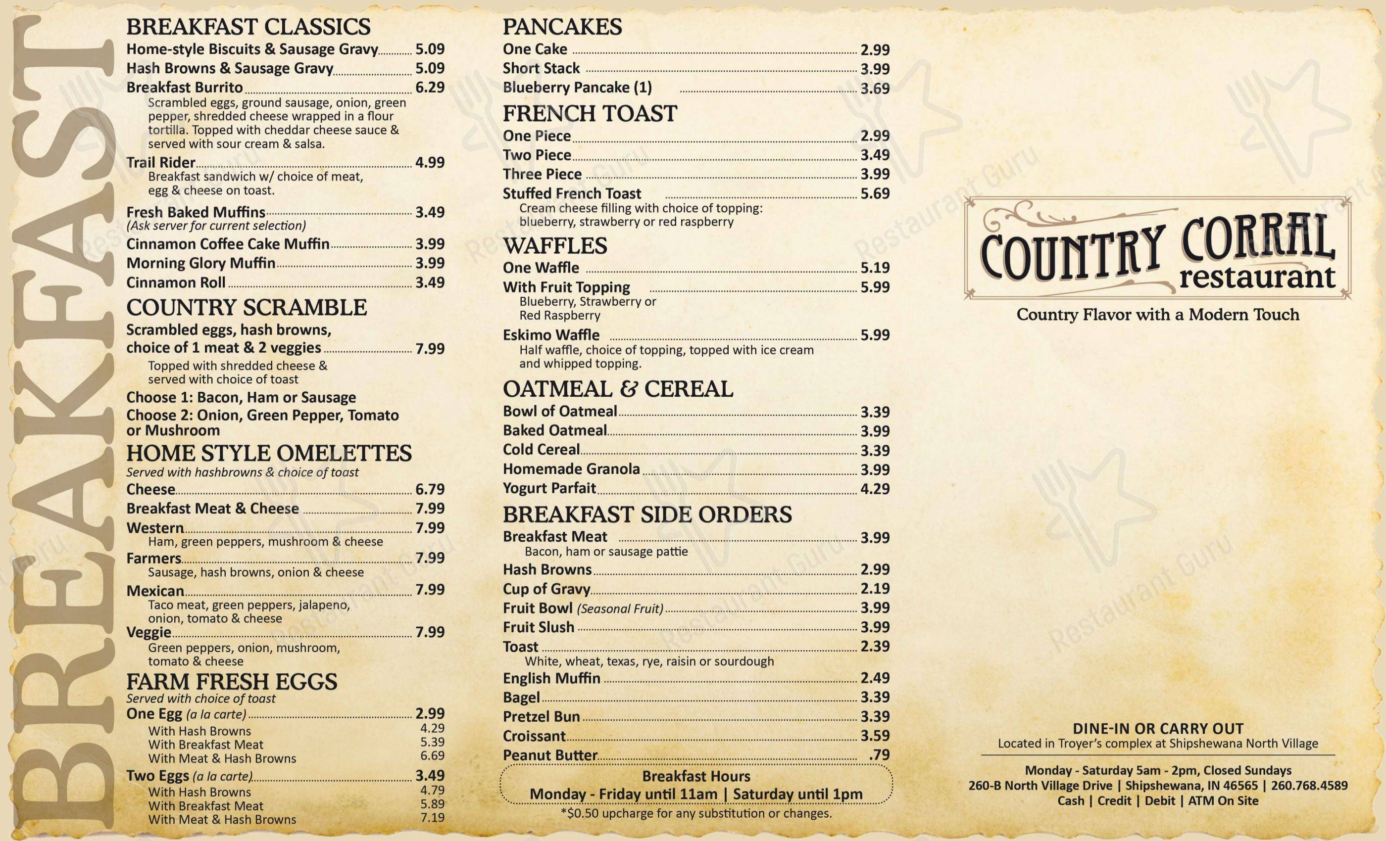 Menu at Country Corral Restaurant, Shipshewana