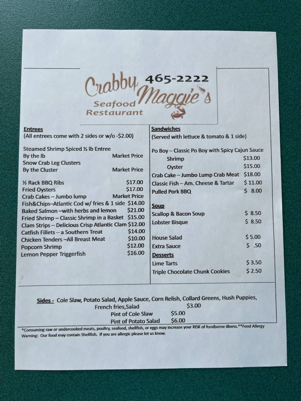 Menu at Crabby Maggie's Seafood Restaurant, Strasburg