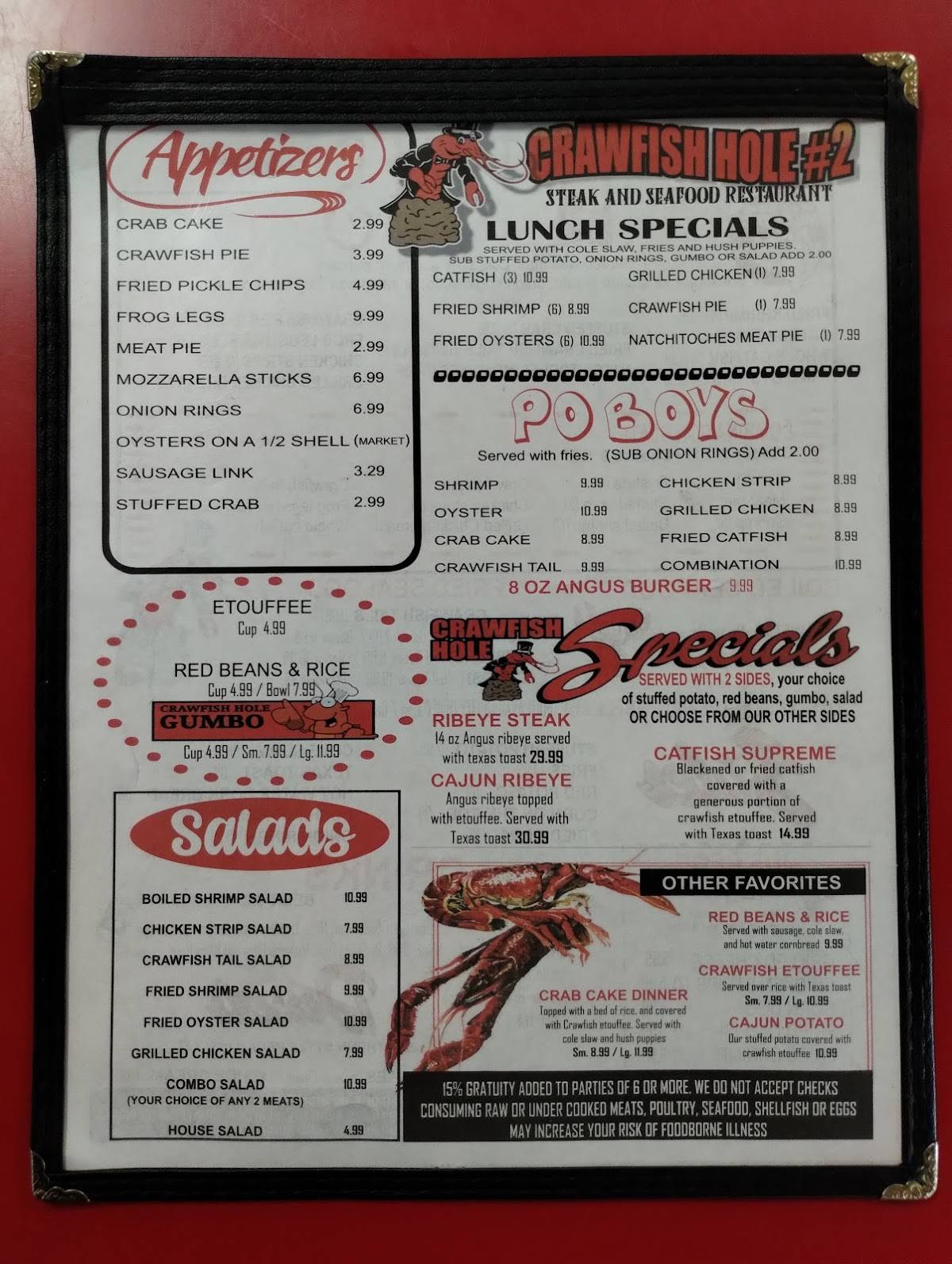Menu at Crawfish Hole #2 Steak & Seafood Restaurant, Minden