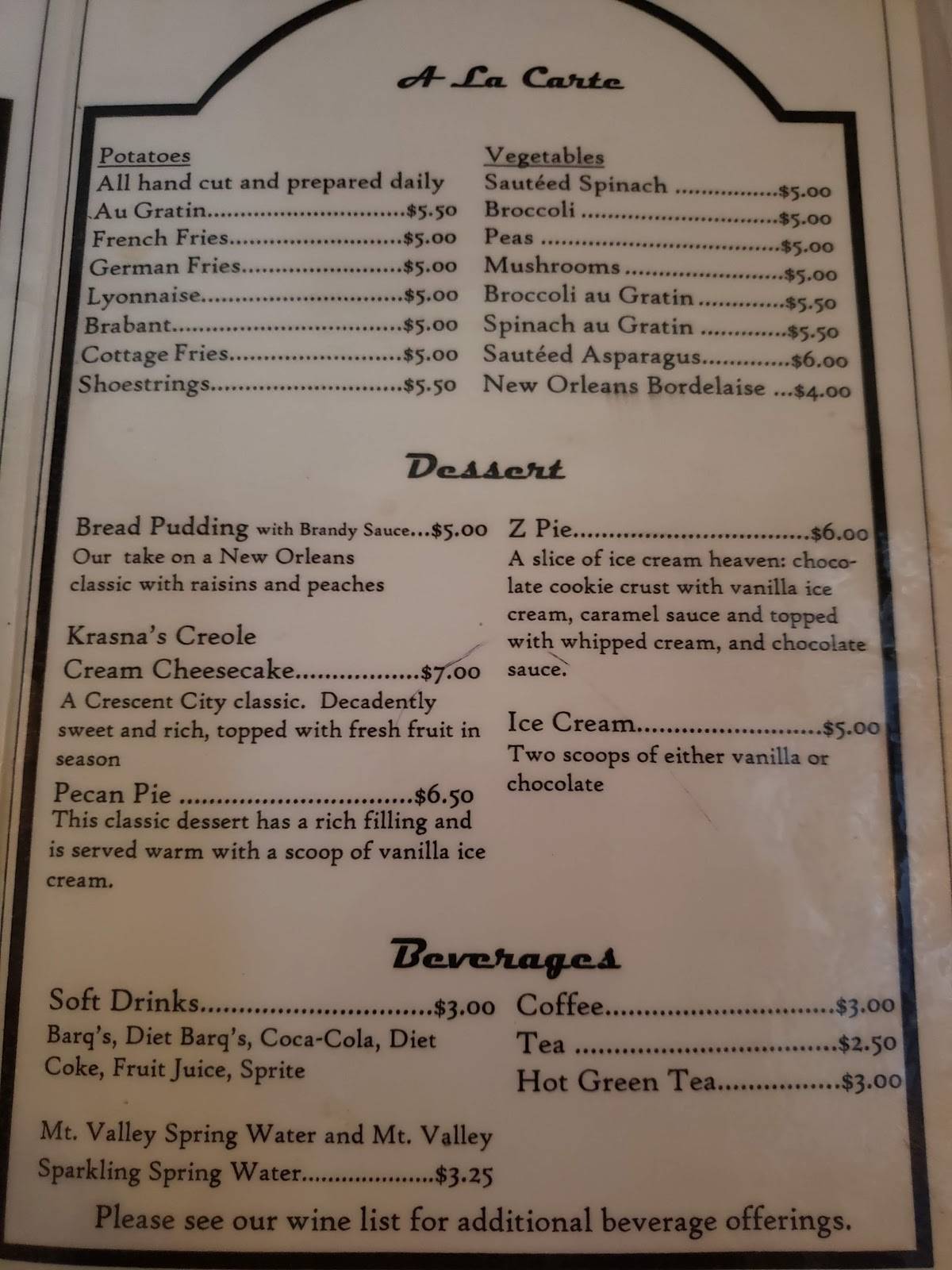 Menu at Crescent City Steak House steakhouse, New Orleans