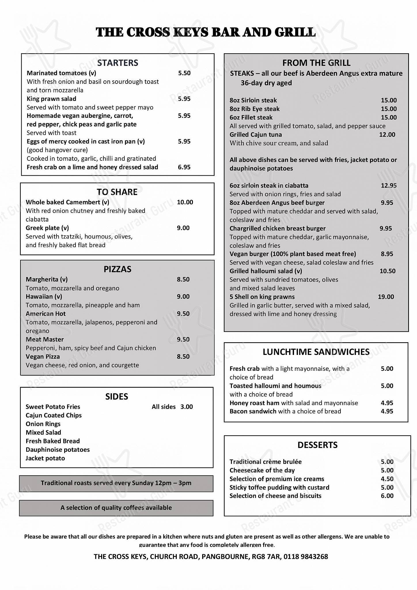 Menu at The Cross Keys pub & bar, Reading
