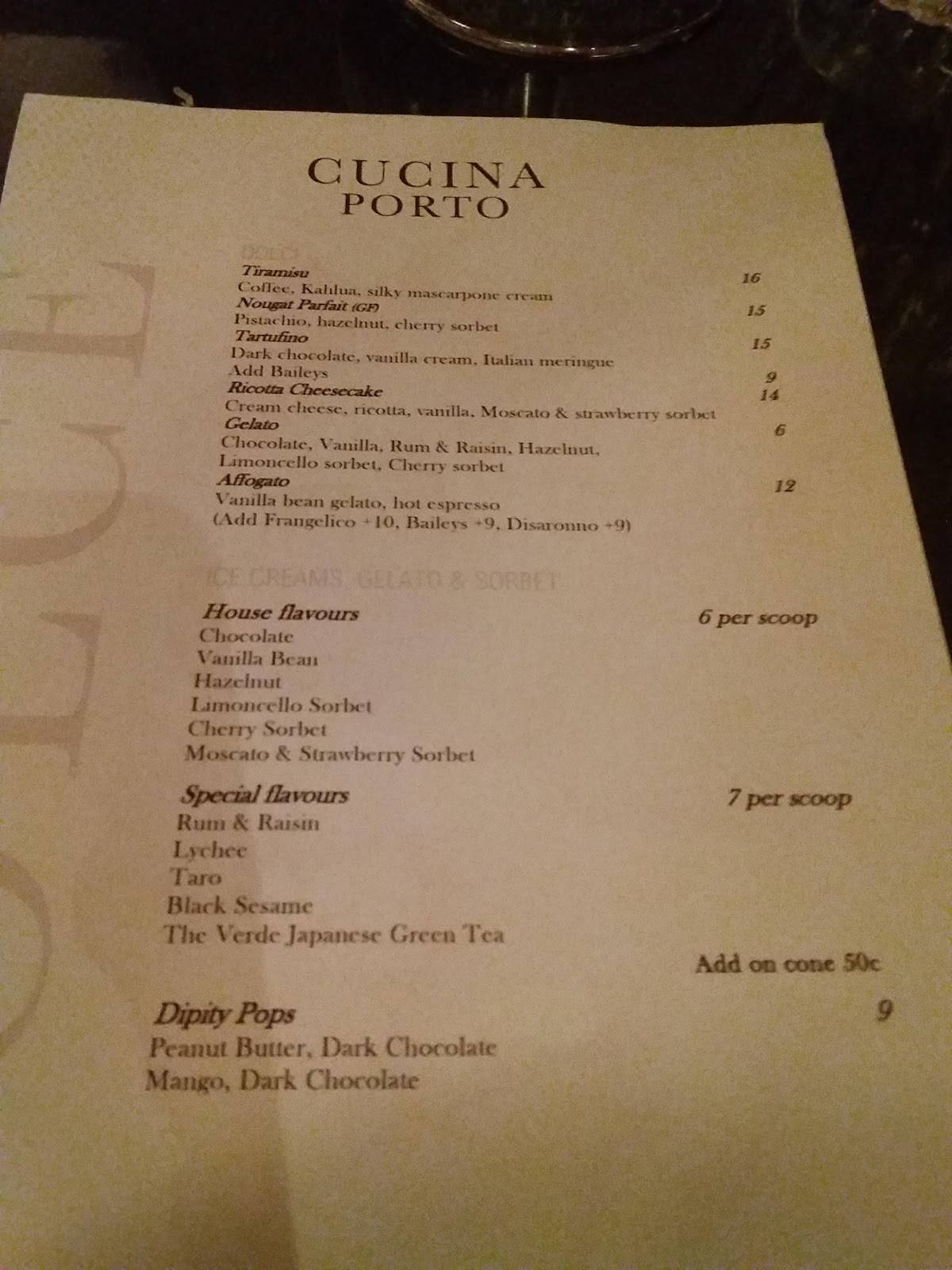 Carta del restaurante Cucina Porto, Pyrmont