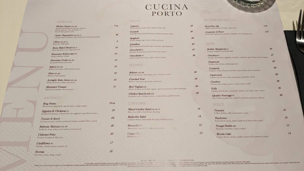 Carta del restaurante Cucina Porto, Pyrmont