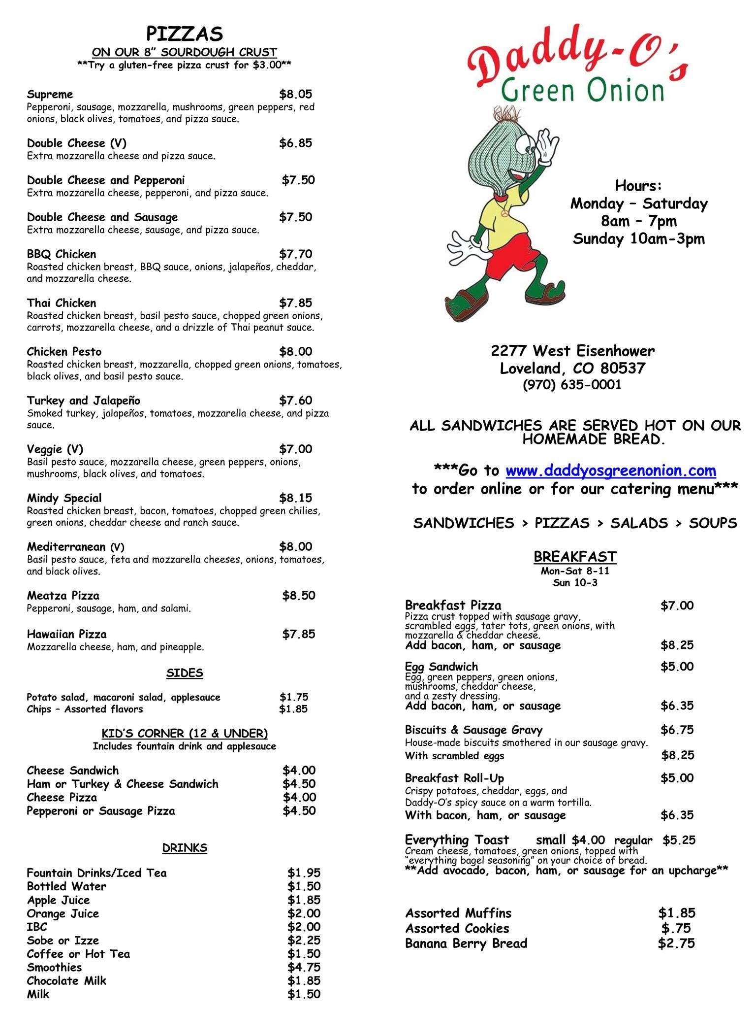 Menu at Daddy O's Green Onion fast food, Loveland