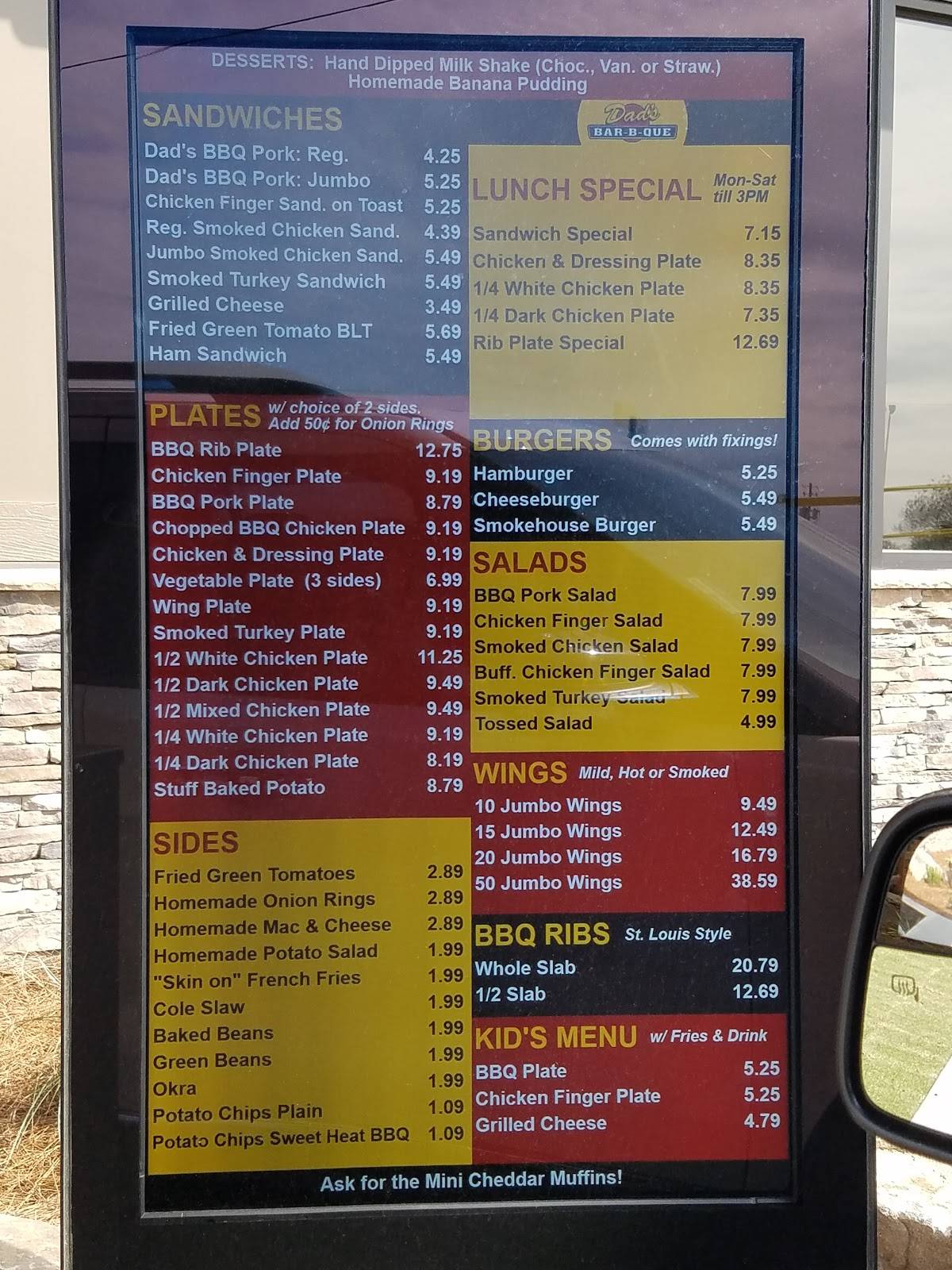 Menu at Dad's Bar-B-Que, Anniston, McClellan Blvd
