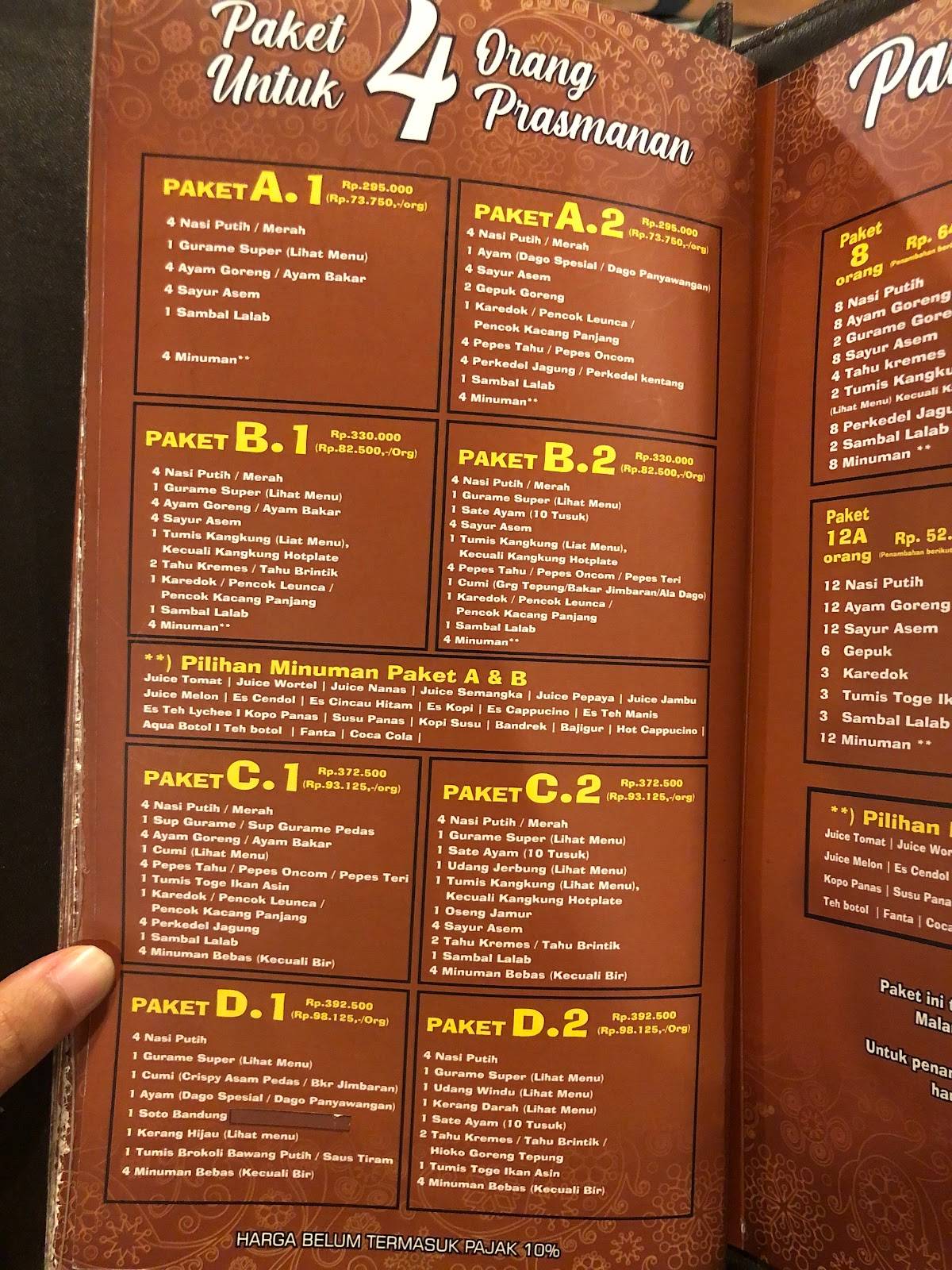 Menu at Dago Panyawangan restaurant, Bandung