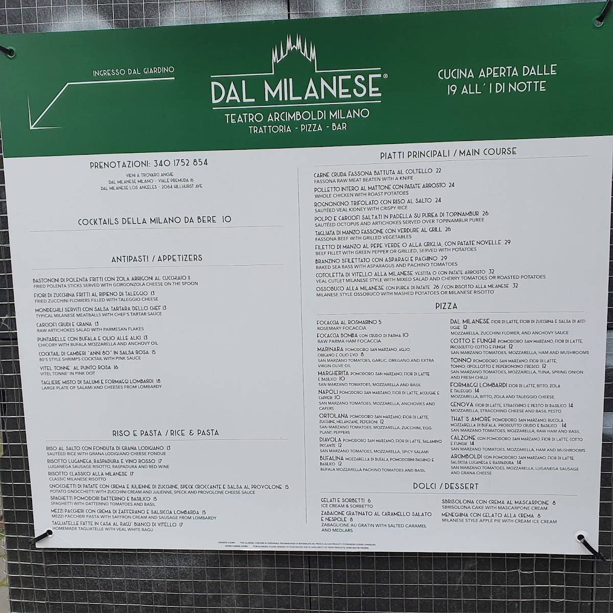 Menu da Dal Milanese Teatro Arcimboldi ristorante, Milano