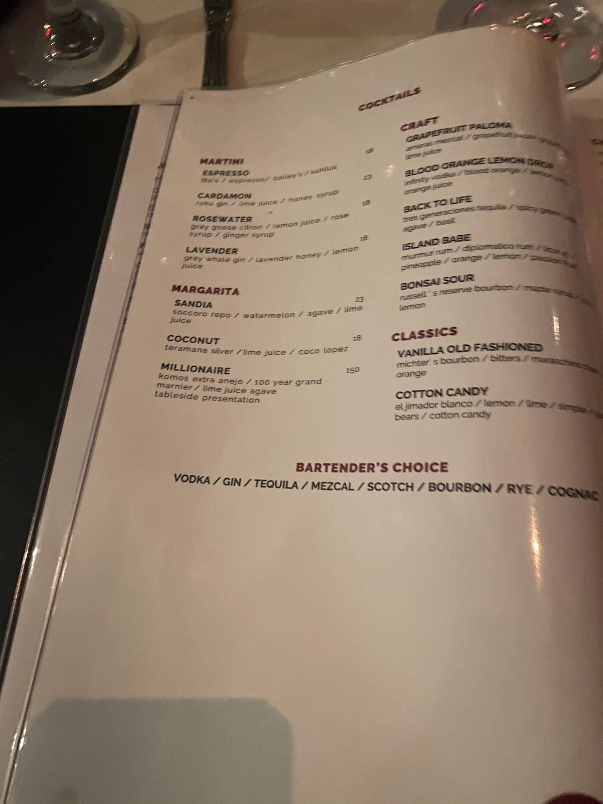 Menu at Nick & Sam's steakhouse, Dallas, Maple Ave
