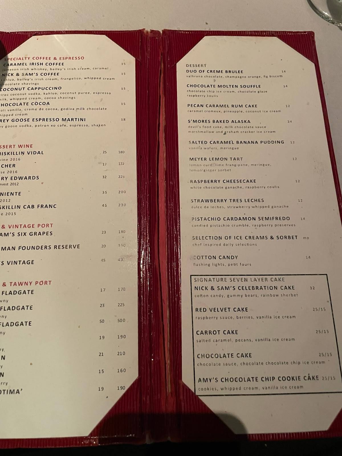 Menu at Nick & Sam's steakhouse, Dallas, Maple Ave