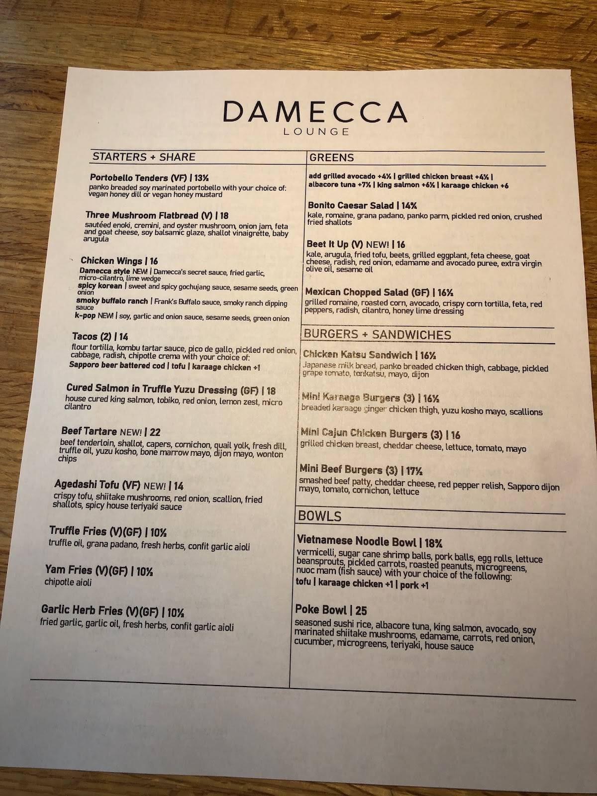 Menu at Damecca Lounge restaurant, Winnipeg