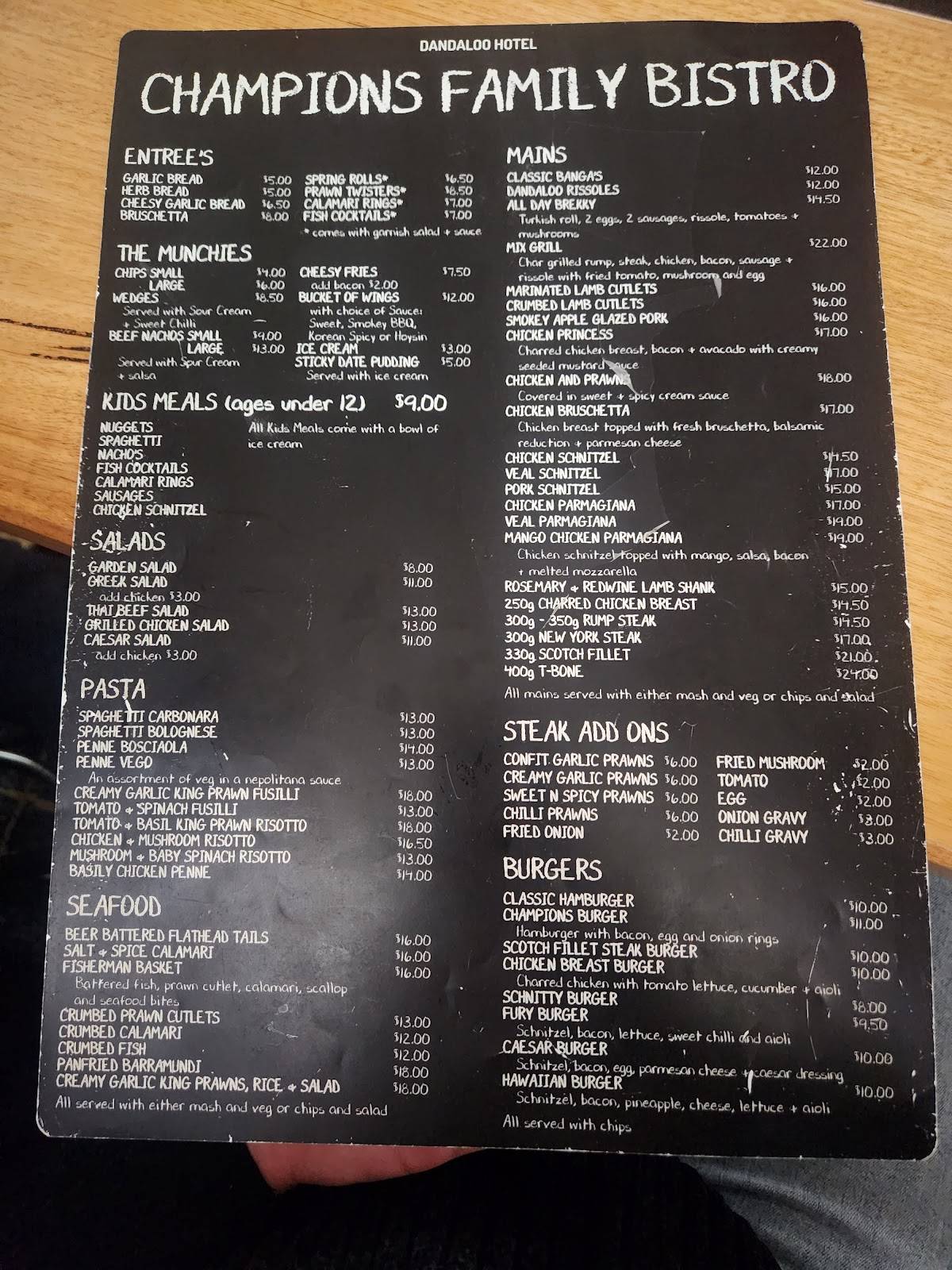 Menu at Dandaloo Hotel Motel pub & bar, Dapto