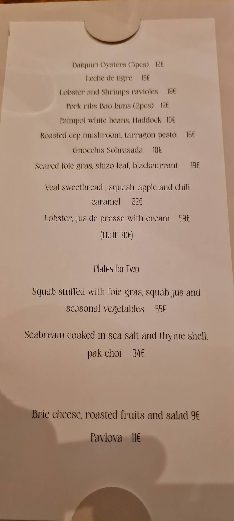 Menu au Dante Restaurant, Paris