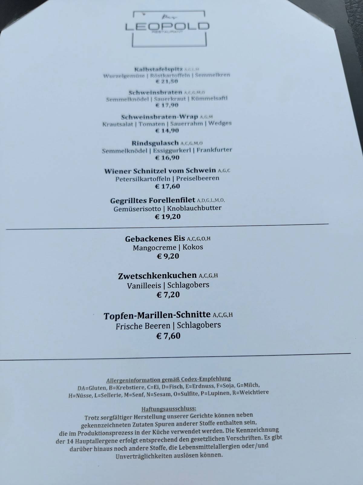 Speisekarte von "Das Leopold" Restaurant, Velden am Wörthersee