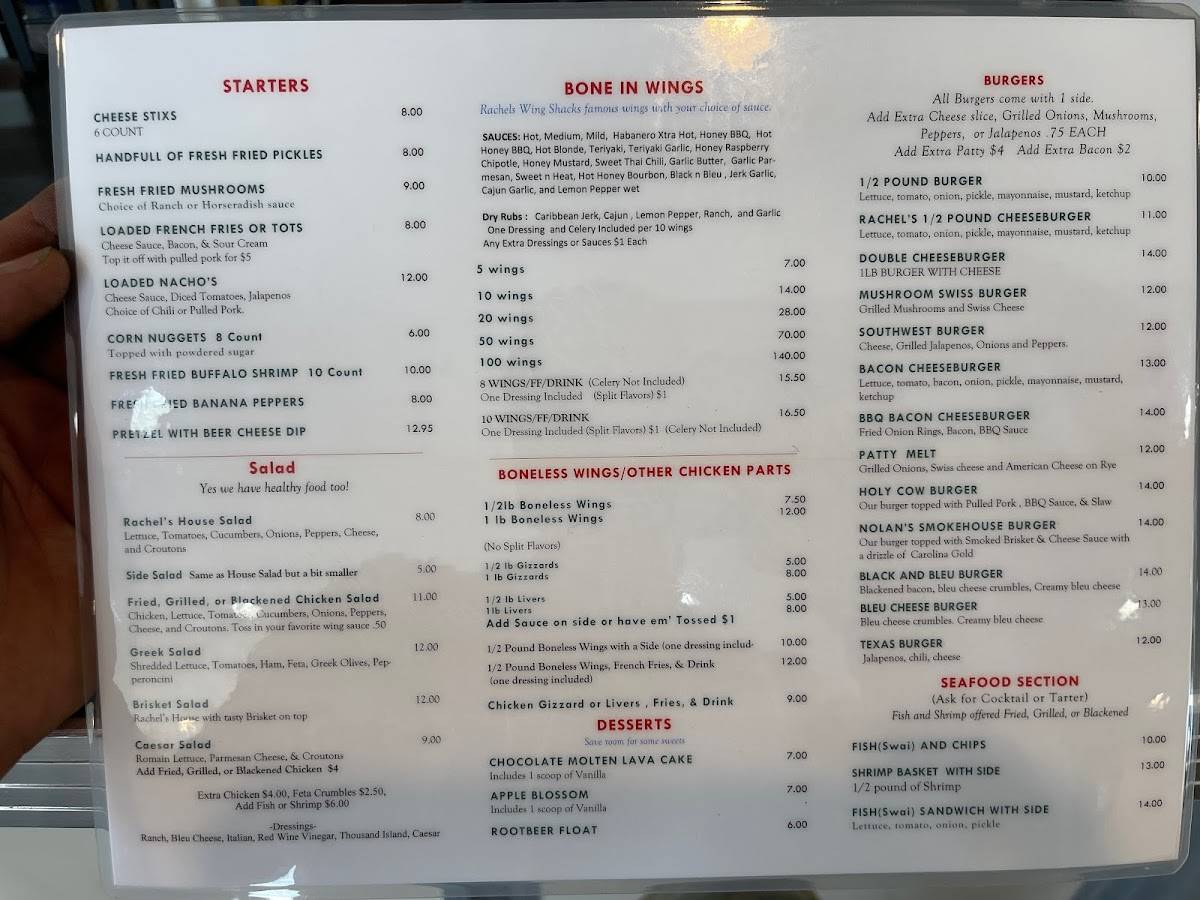 Menu at Rachel's wingshack restaurant, DeLand