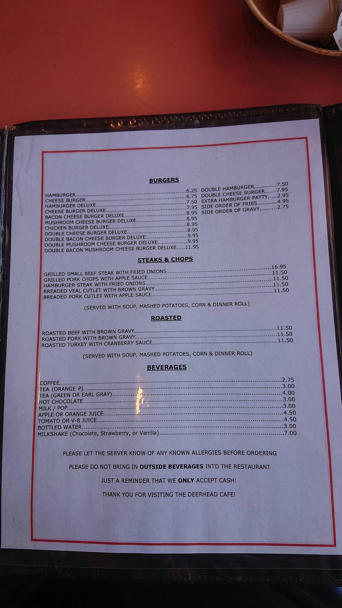 Menu at Deerhead Cafe, Calgary