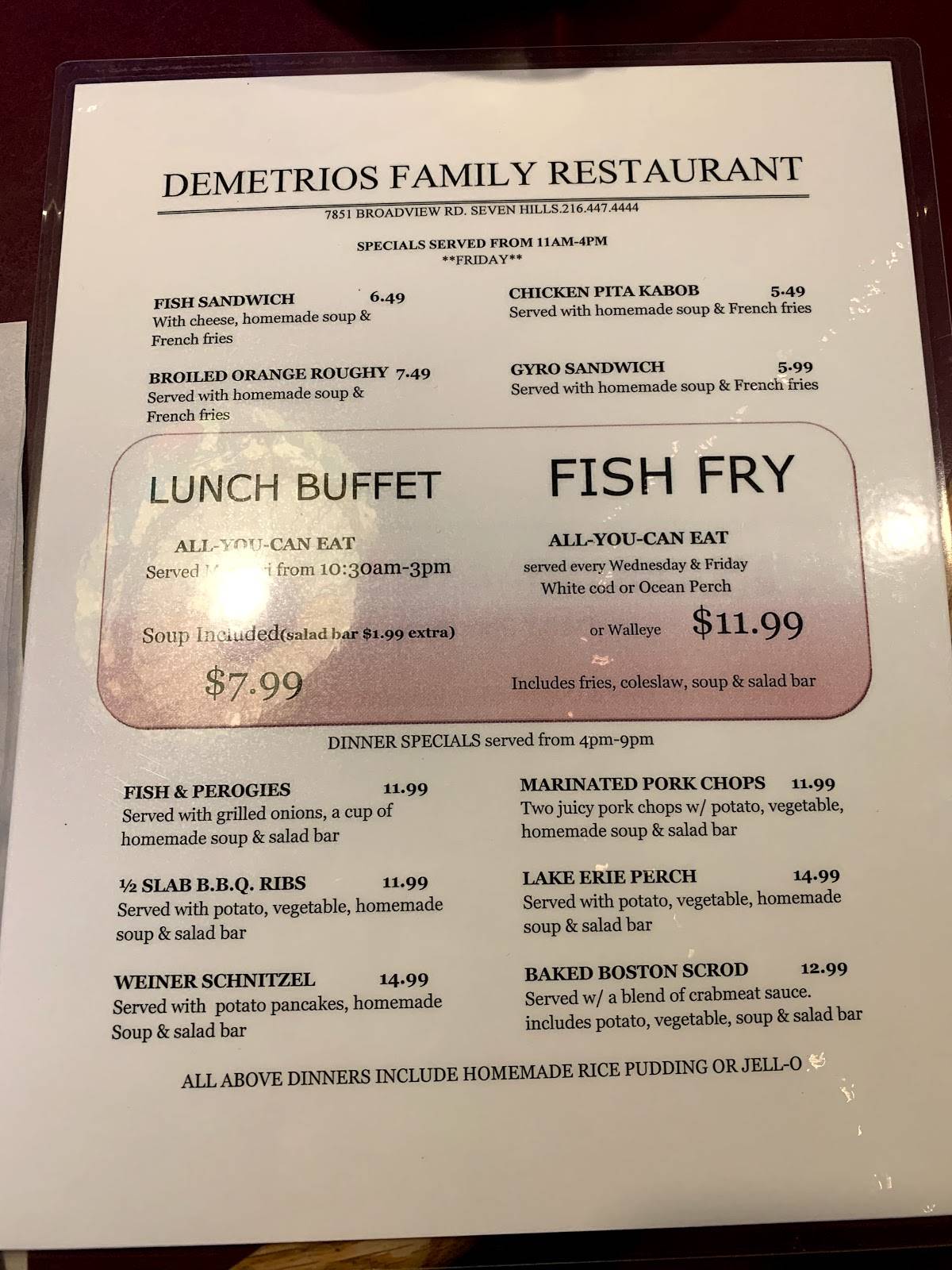 Menu at Demetrio's Family Restaurant, Seven Hills, Broadview Rd