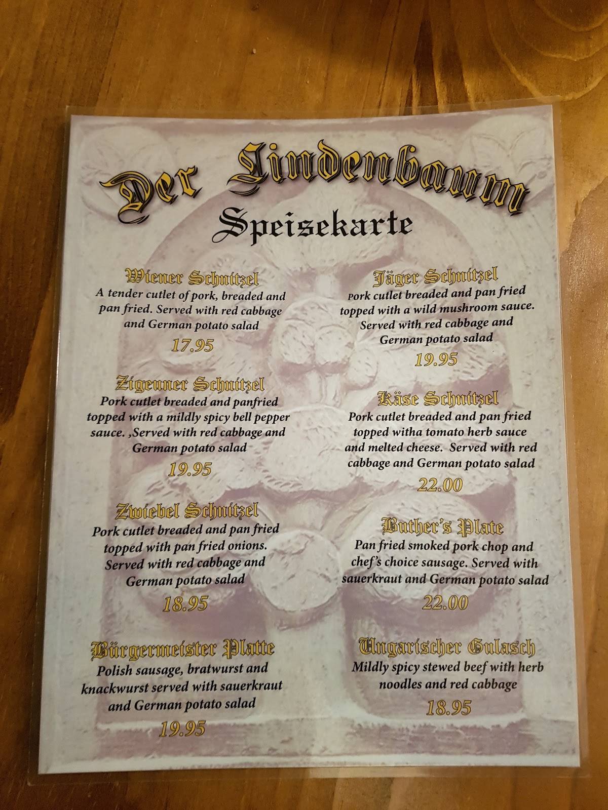 Menu at Der Lindenbaum pub & bar, Fredericksburg, 312 E Main St #4612