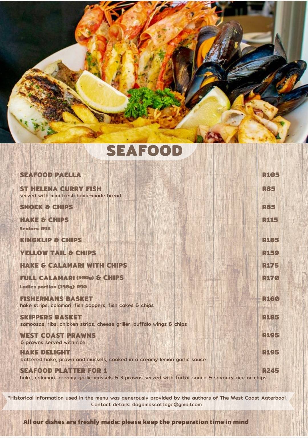 Menu at Die See Ster Kombuis restaurant, Saint Helena Bay