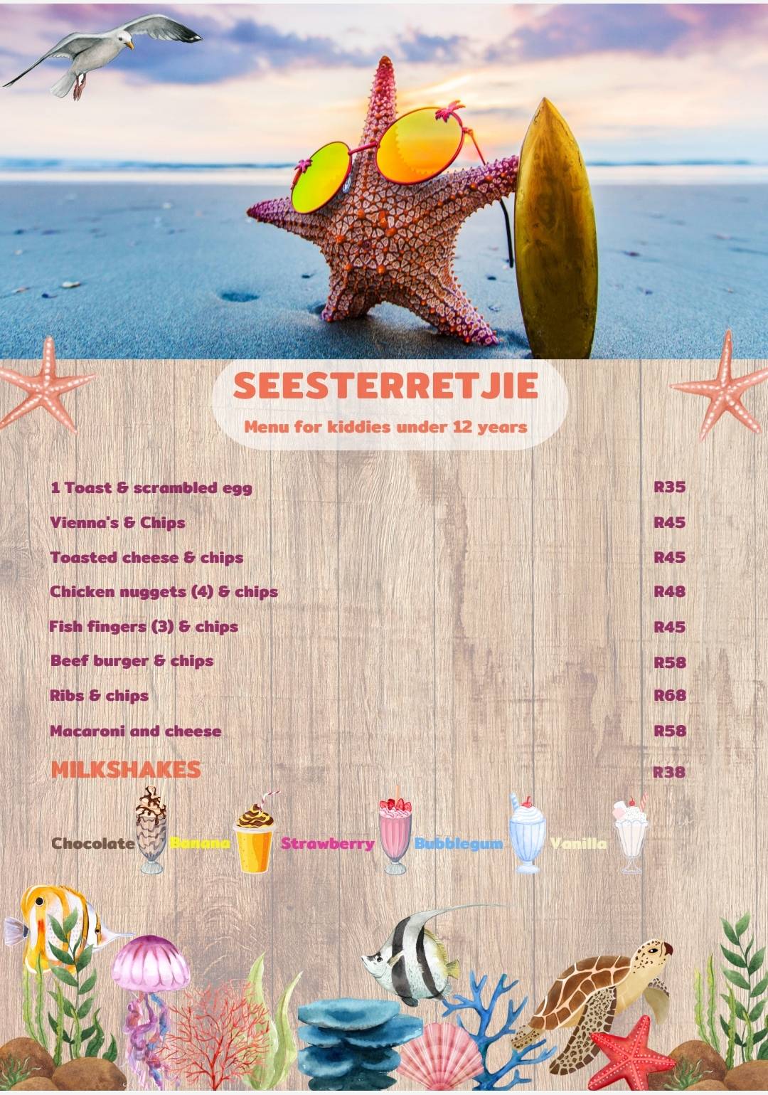 Menu at Die See Ster Kombuis restaurant, Saint Helena Bay