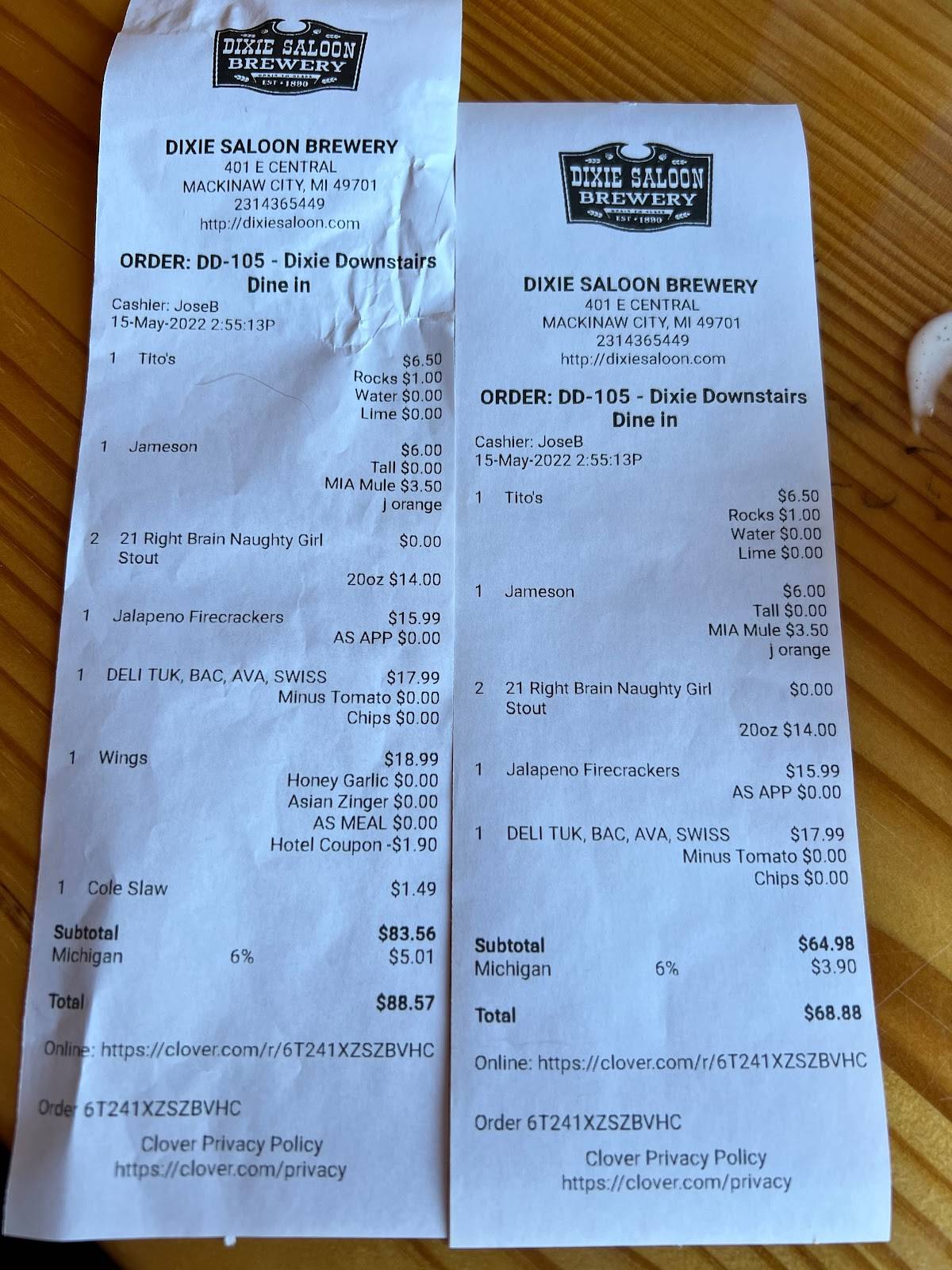 Menu at Dixie Saloon pub & bar, Mackinaw City, 401 E Central Ave