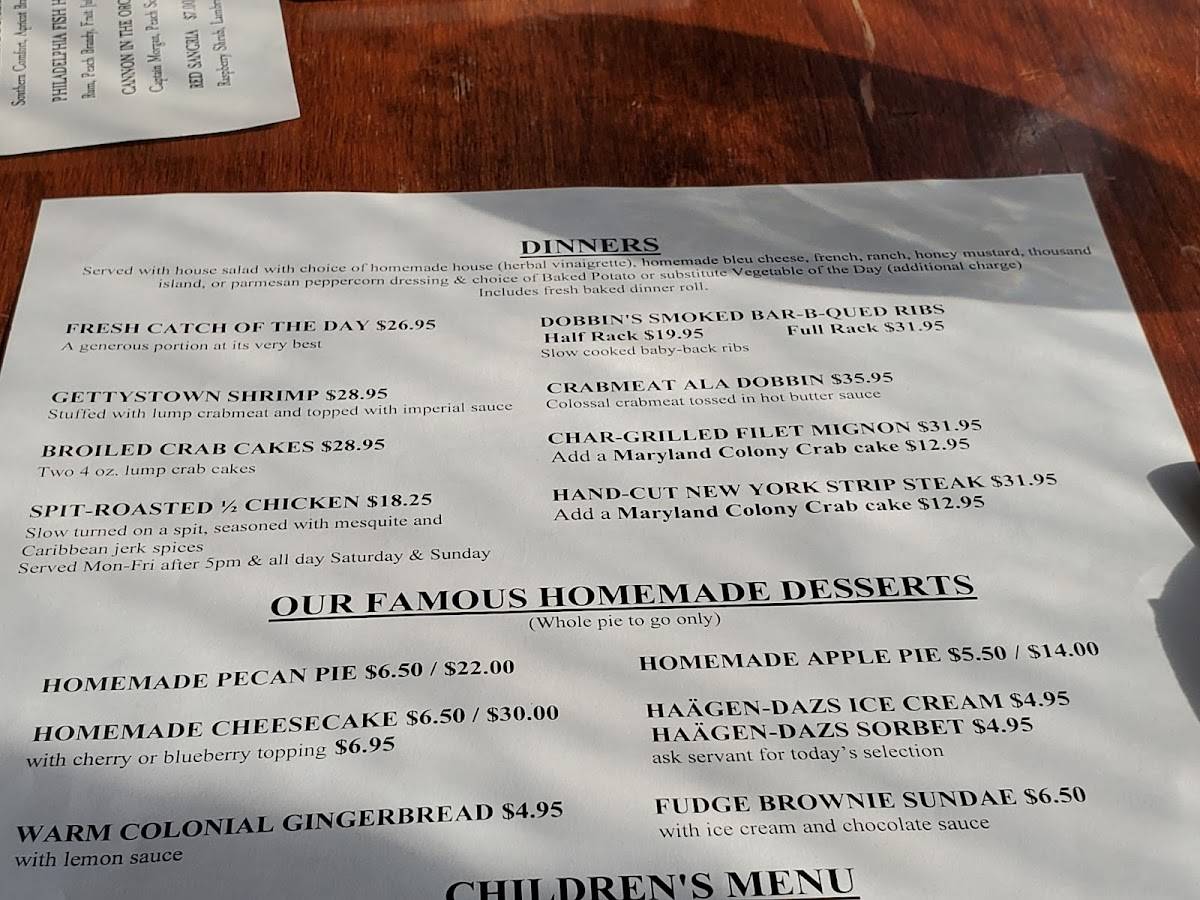 Menu at Dobbin House Tavern pub & bar, Gettysburg, 89 Steinwehr Ave