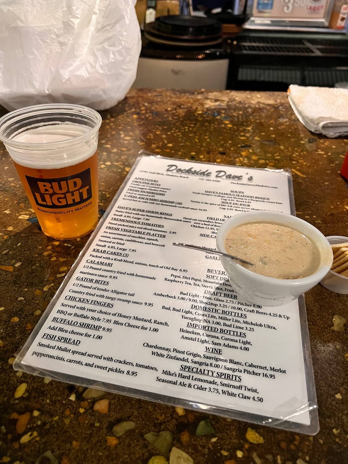 Menu at Dockside Dave's restaurant, Madeira Beach, 14701 Gulf Blvd