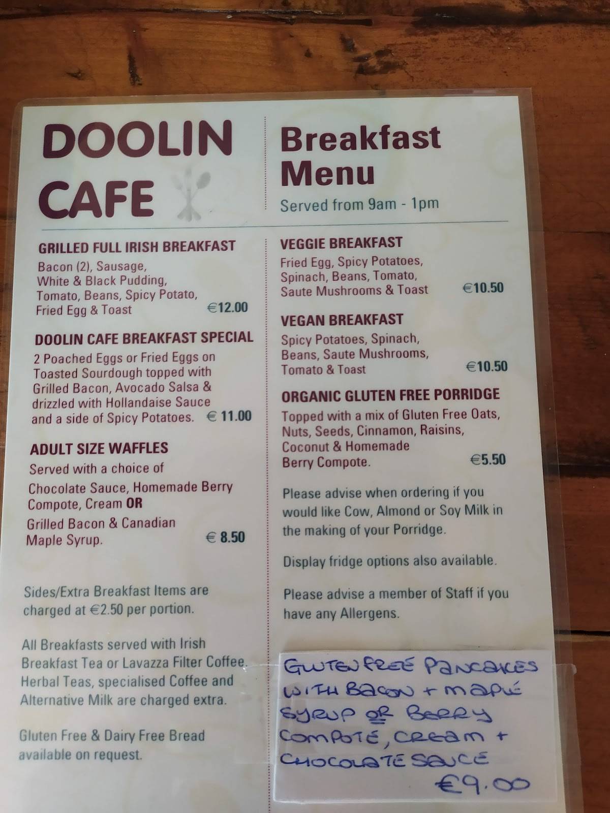 Menu at Doolin Café cafe, Doolin, Toomullin