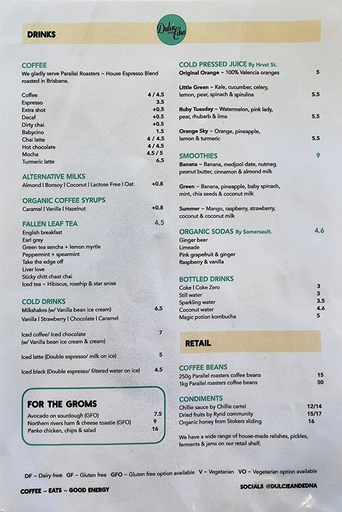 Menu at Dulcie and Edna cafe, Banora Point