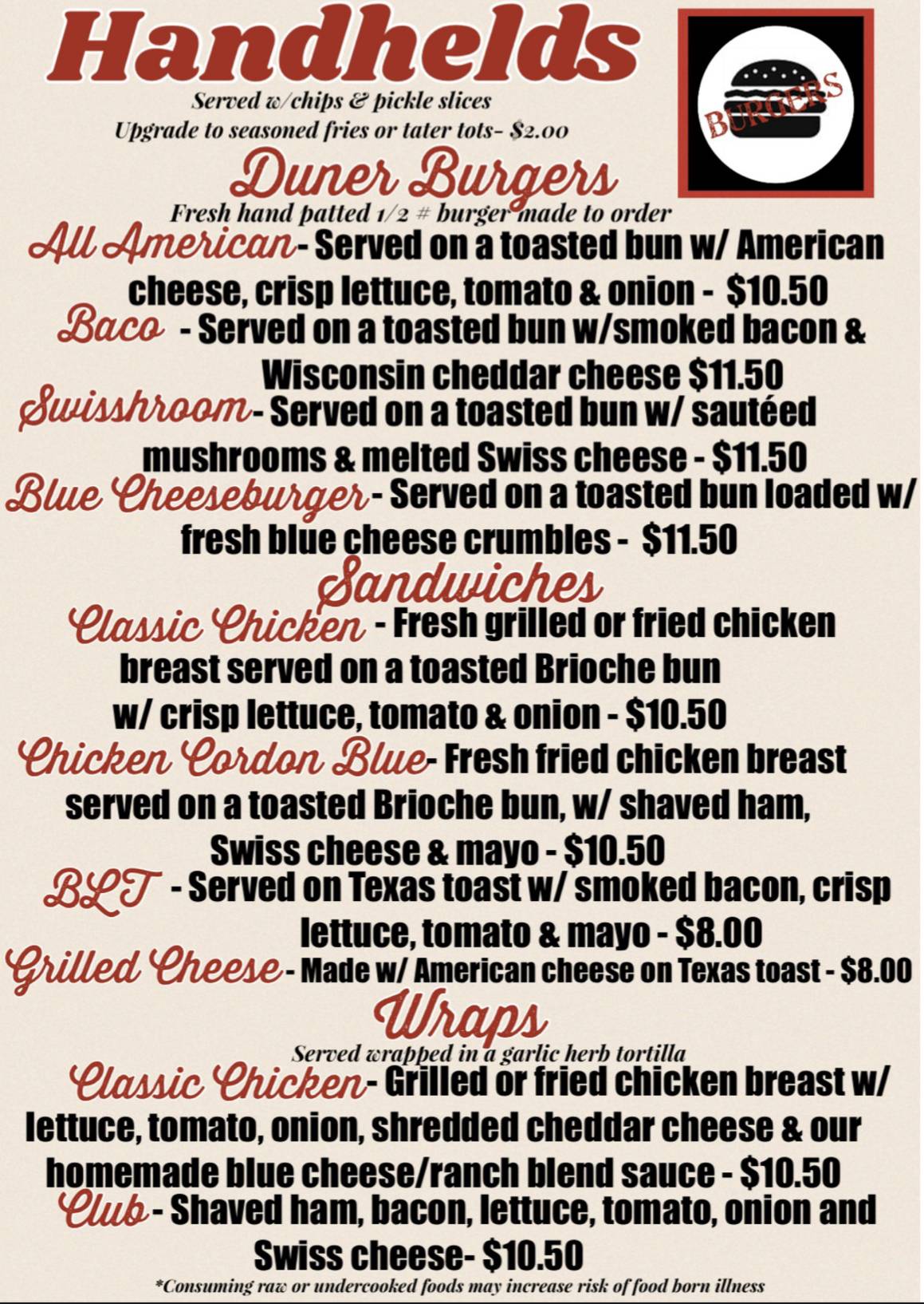 Menu at Duner's Blackhawk Club, Lake Koshkonong