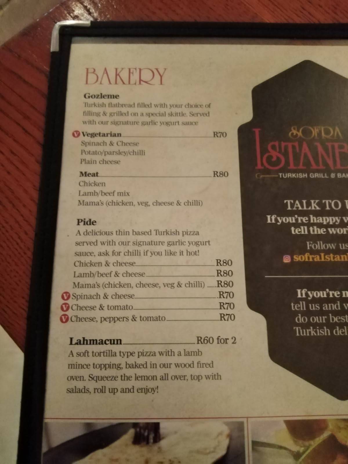 Menu at Sofra Istanbul Florida restaurant, Durban, 245 Florida Rd