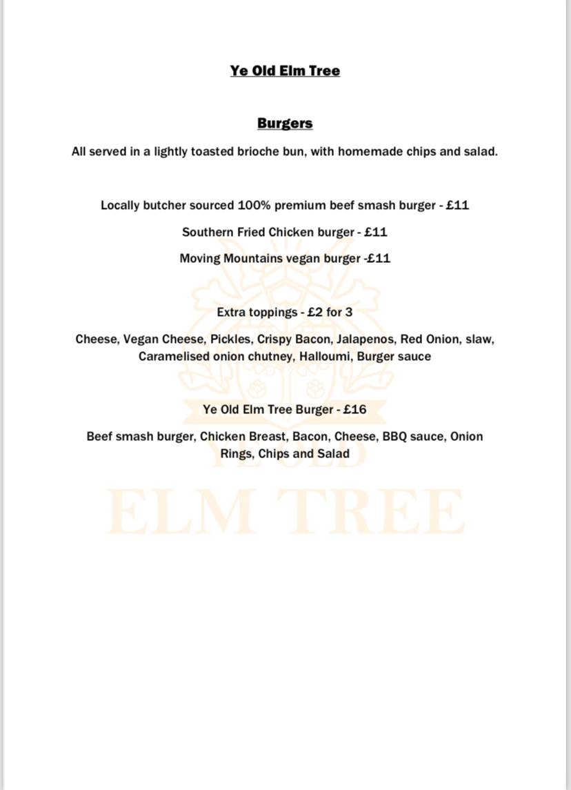 Menu at Ye Old Elm Tree pub & bar, Durham