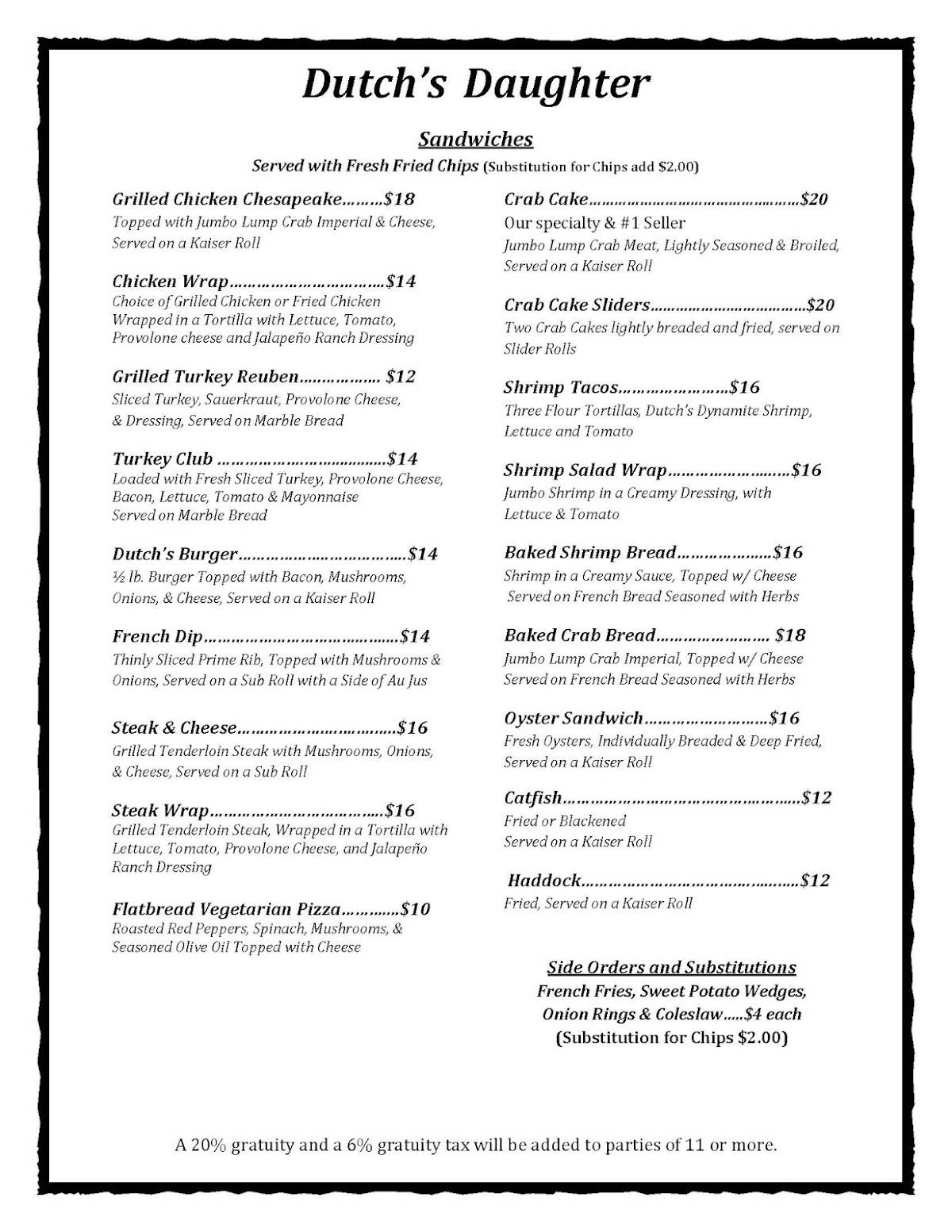 Menu at Dutch's Daughter steakhouse, Frederick, 581 Himes Ave