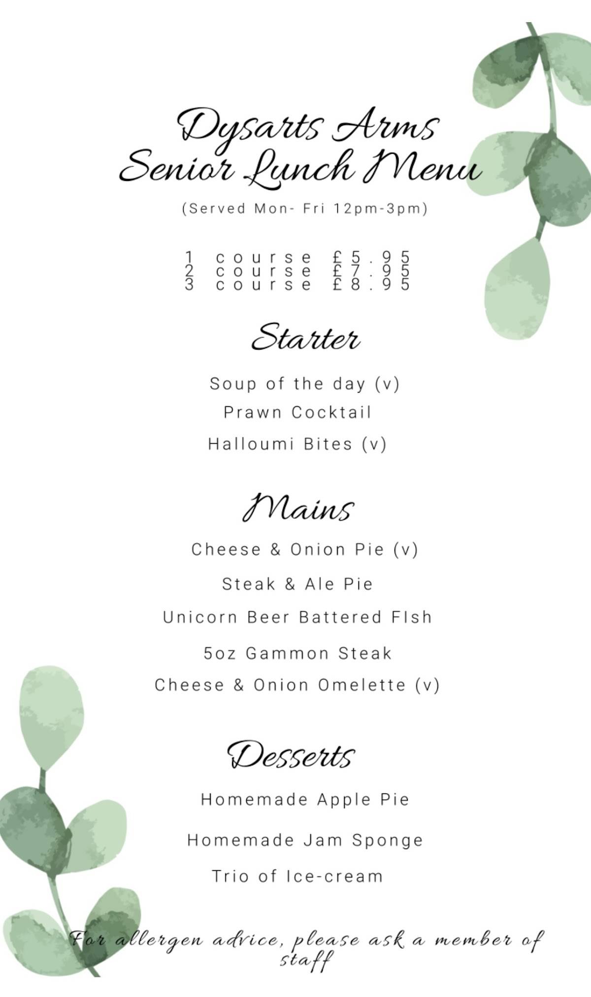 Menu at Dysarts Arms, Mossley pub & bar, Ashton-under-Lyne
