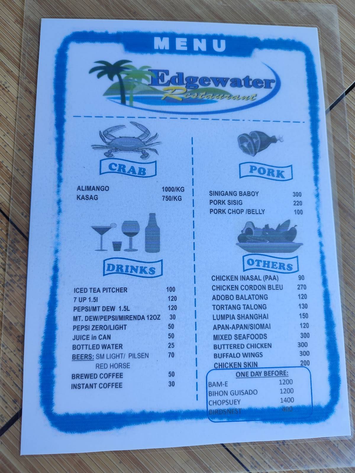 Menu at Edge Water Seafood Restaurant, Silay City