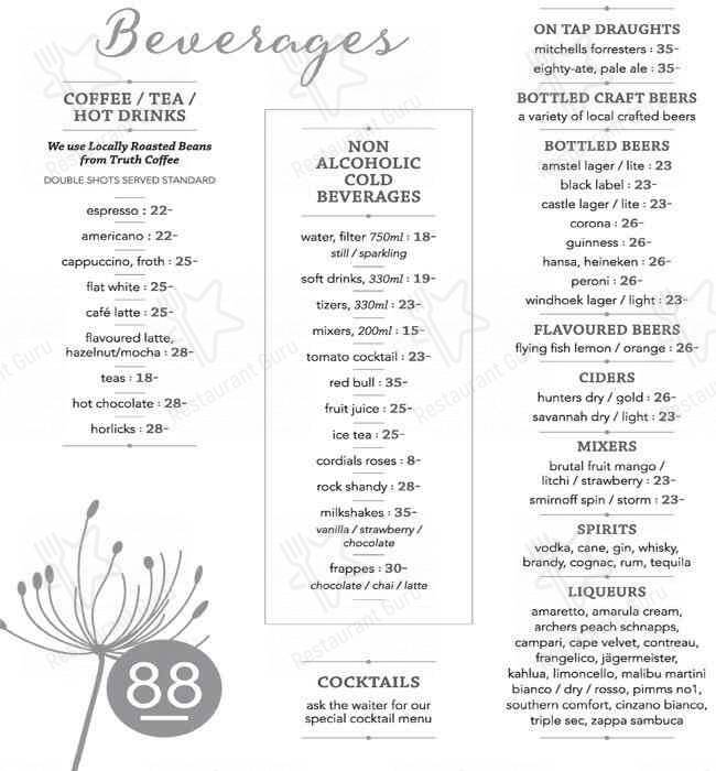 Menu at Eighty-Ate Restaurant, Cape Town