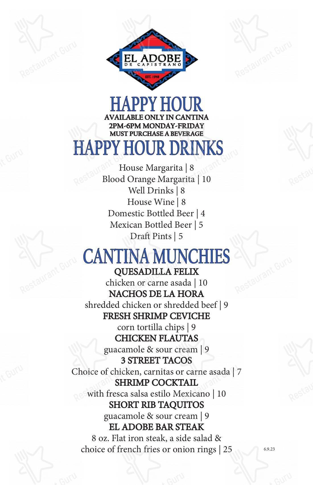 Carta del restaurante El Adobe del Capistrano, San Juan Capistrano