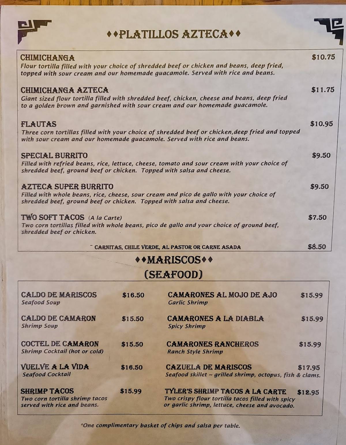 Menu at El Azteca Restaurant, Fairfield