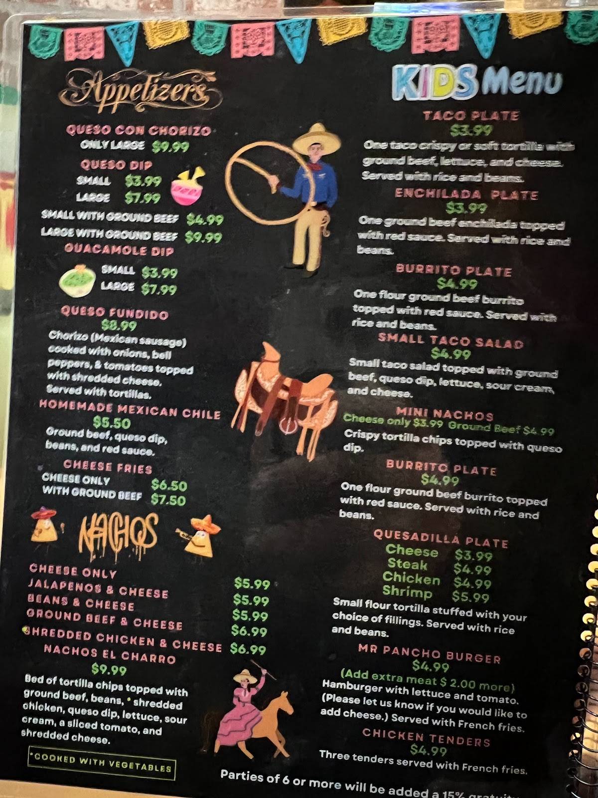Menu at El Charro restaurant, Ville Platte