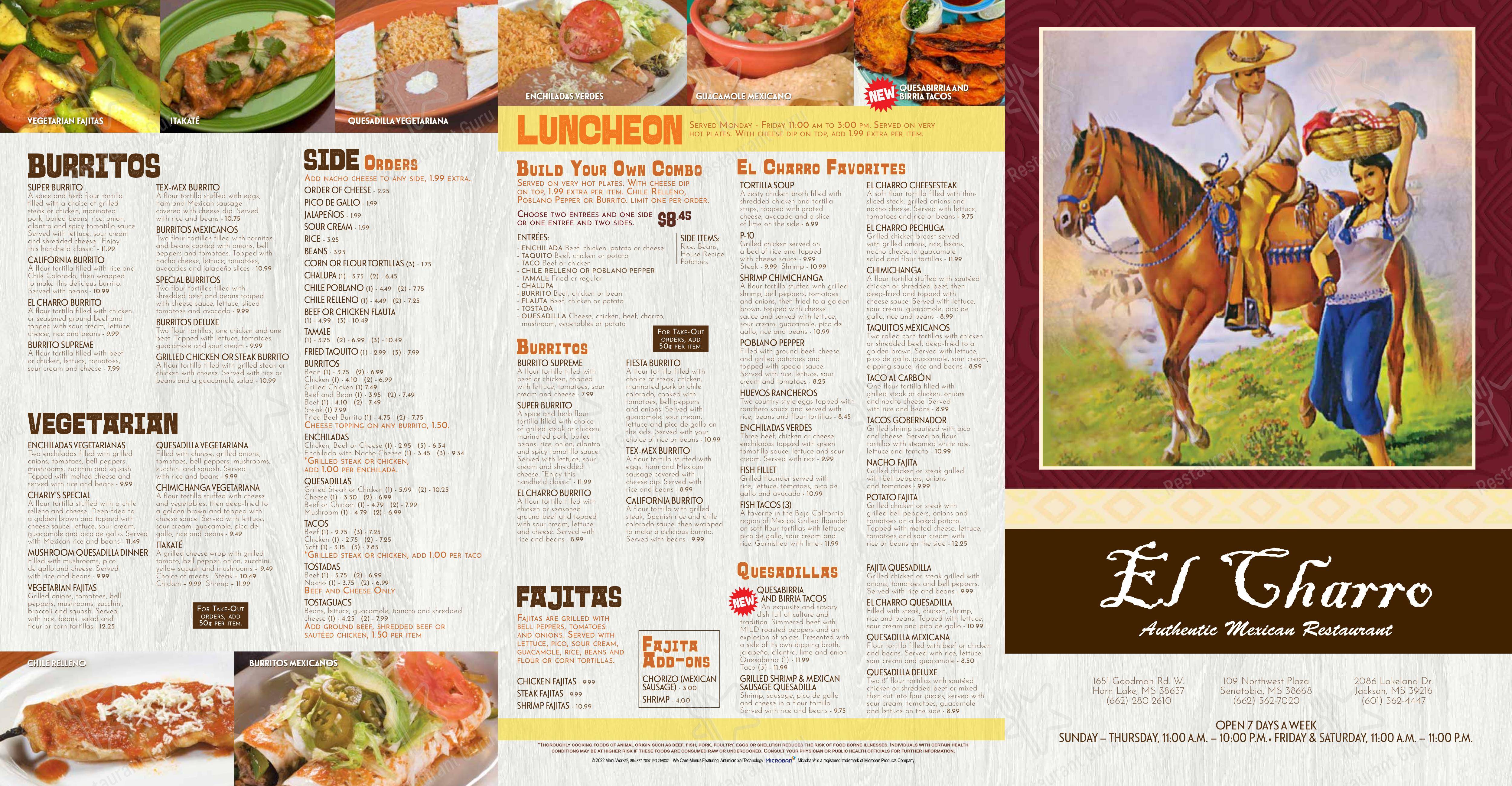 Menu at El Charro Méxican Restaurant, Senatobia, 109 NW Plaza Dr