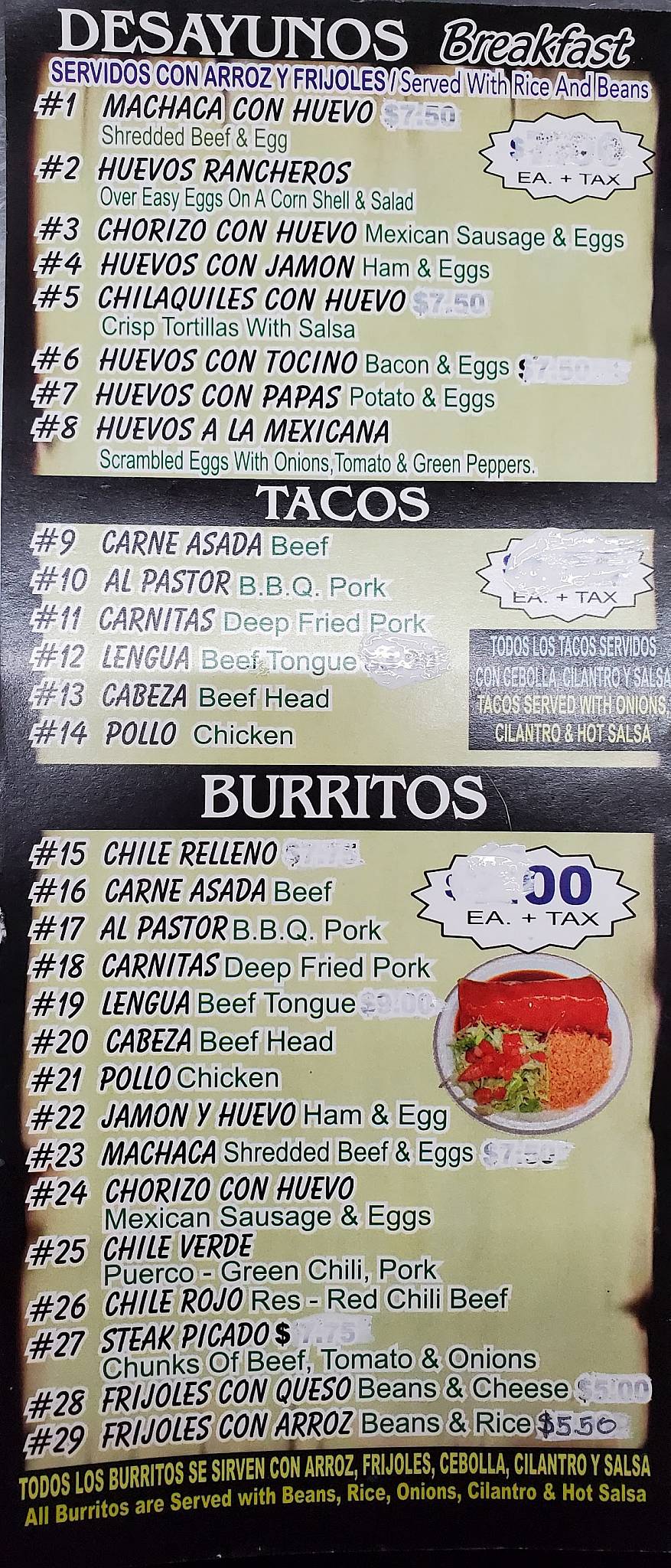 Carta de El Chilito Restaurant, Downey, Paramount Blvd