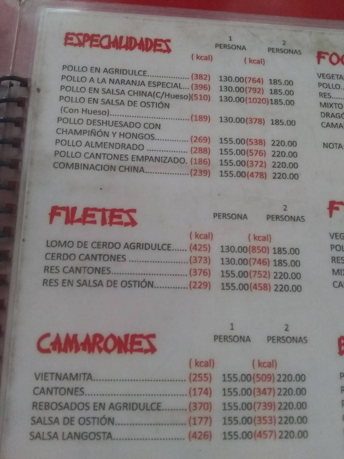 Carta del restaurante El Dragón del Colima, Colima