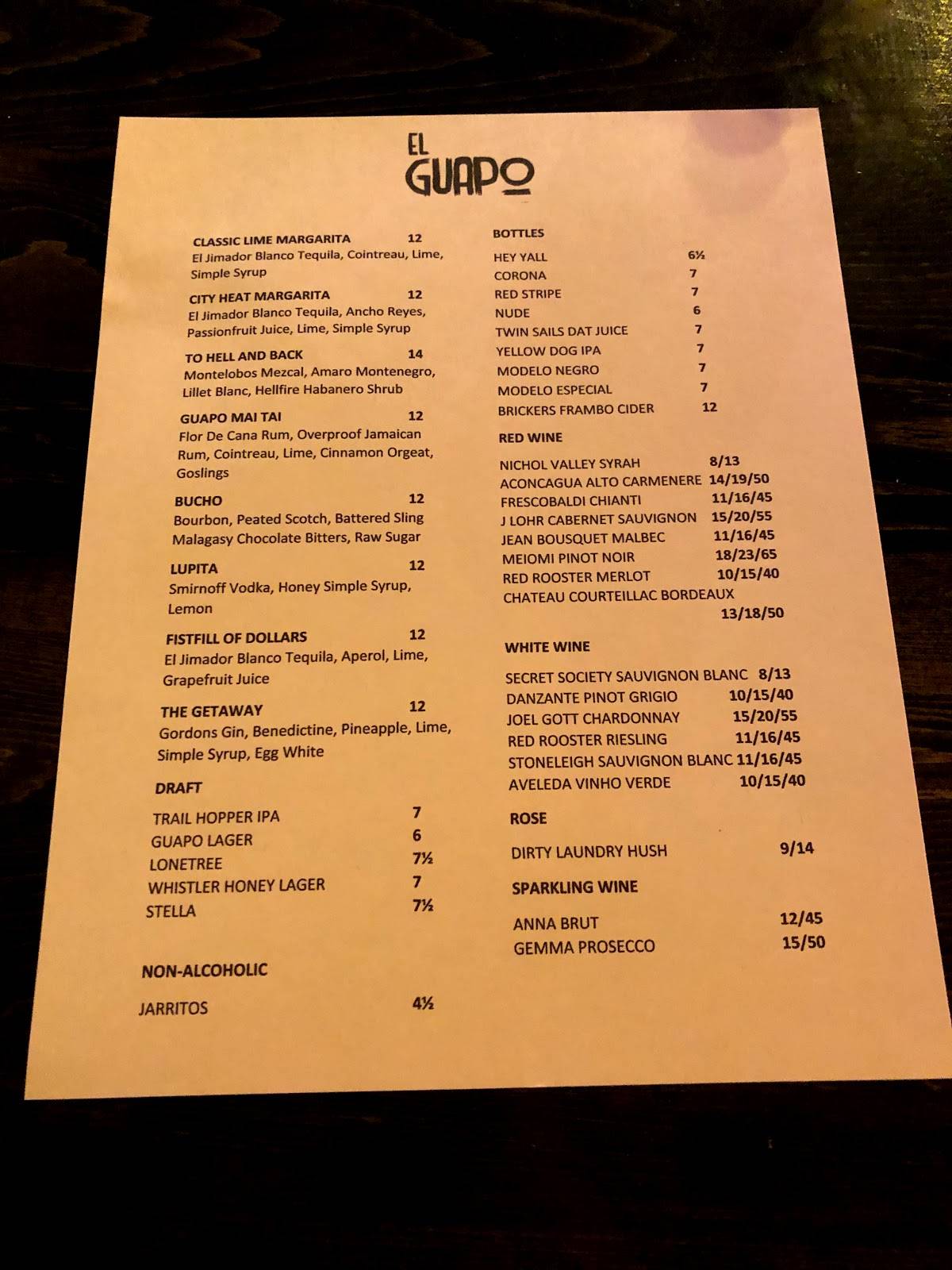 Menu at El Guapo Mexican Restaurant, Vancouver