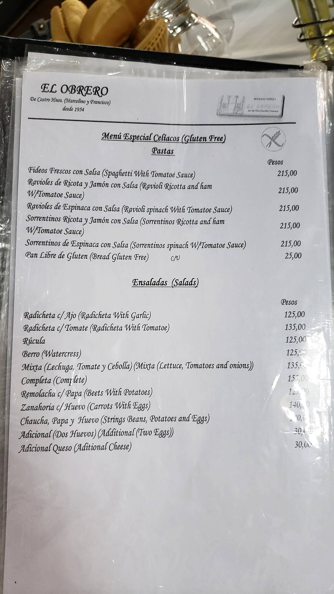 Carta del restaurante El Obrero, Buenos Aires