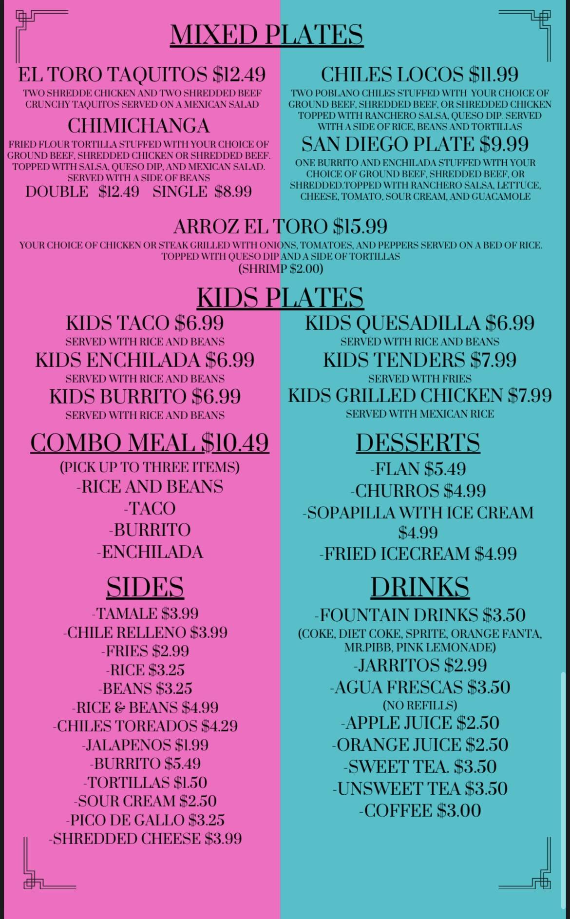 Menu at El Toro Mexican Grill restaurant, Baldwin