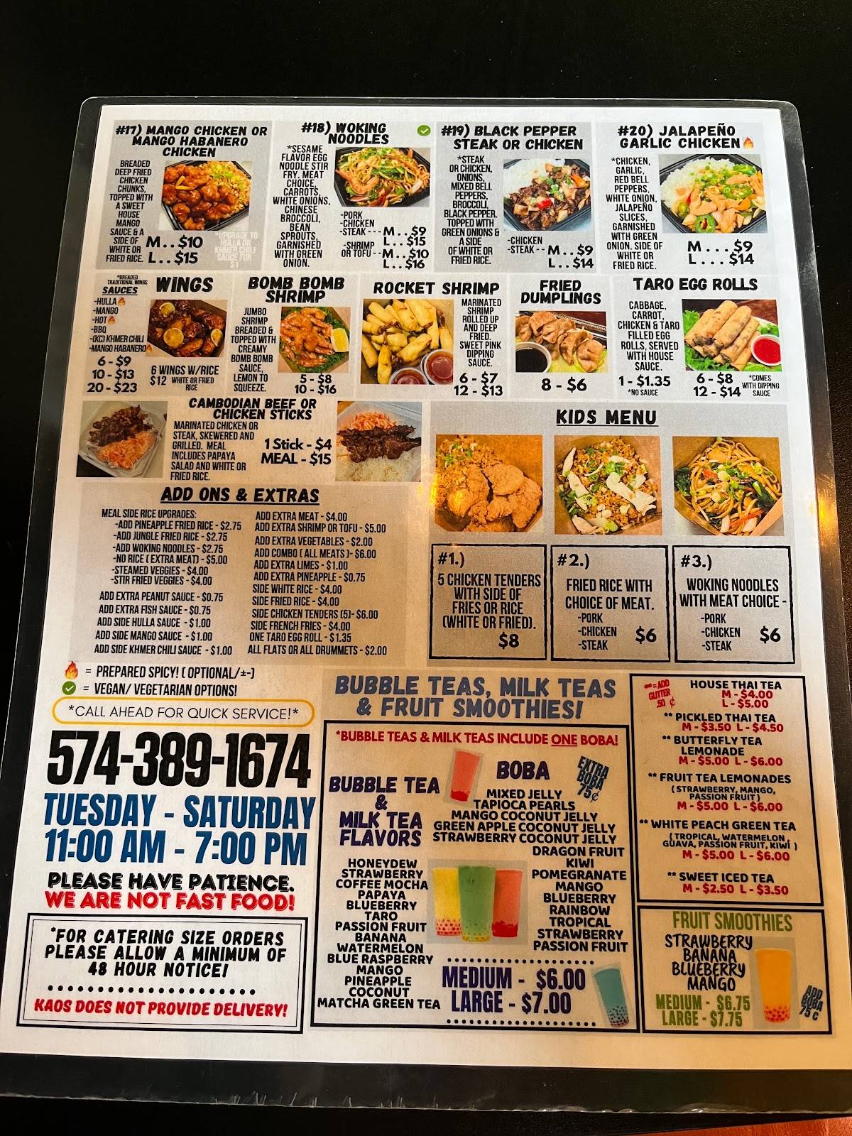 Menu at Kao's restaurant, Elkhart